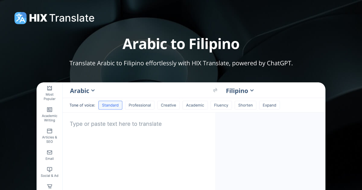Arabic to Filipino Translation (FREE & No Signup) | HIX AI