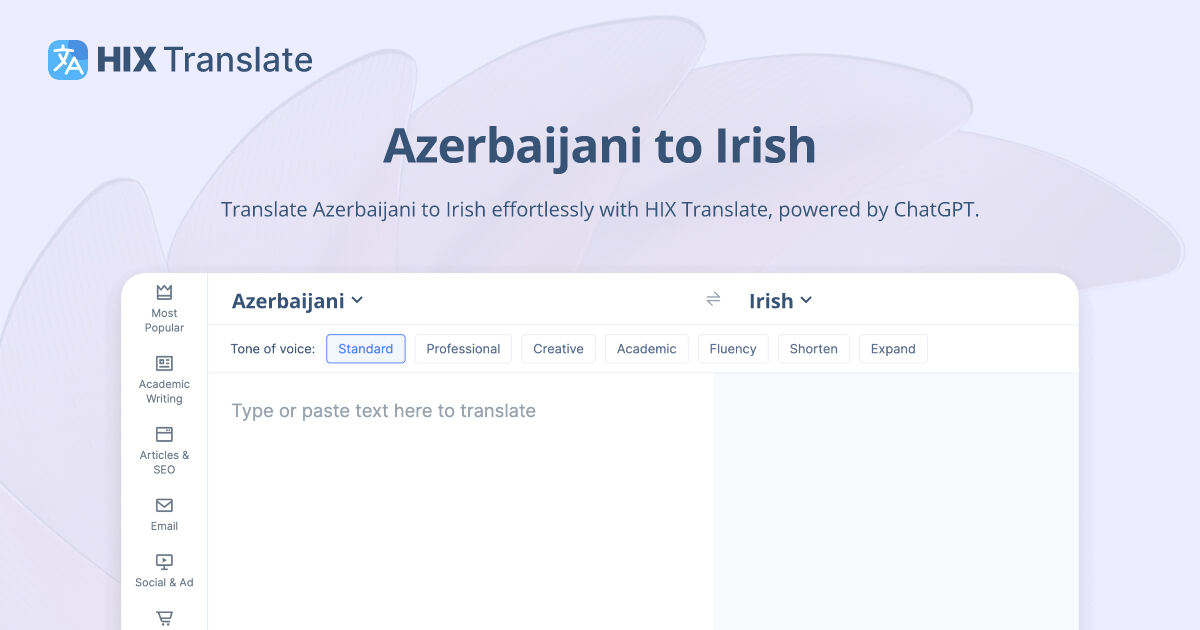 Azerbaijani to Irish Translation (FREE & No Signup) | HIX AI