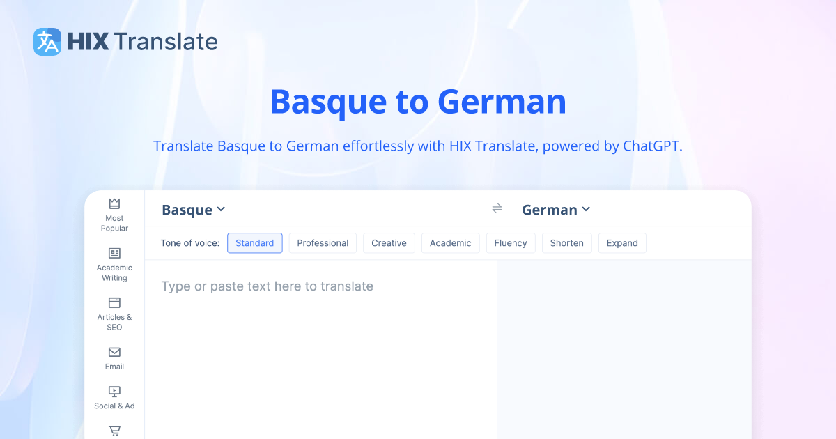 Basque to German Translation (FREE & No Signup) | HIX AI