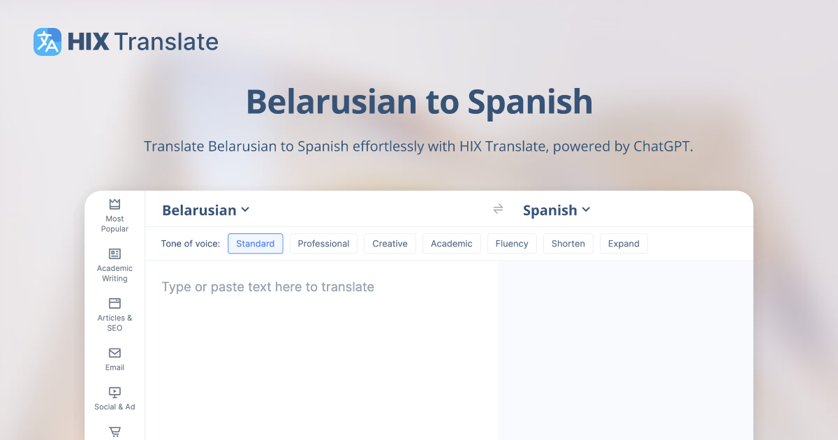 Belarusian to Spanish Translation (FREE & No Signup) | HIX AI