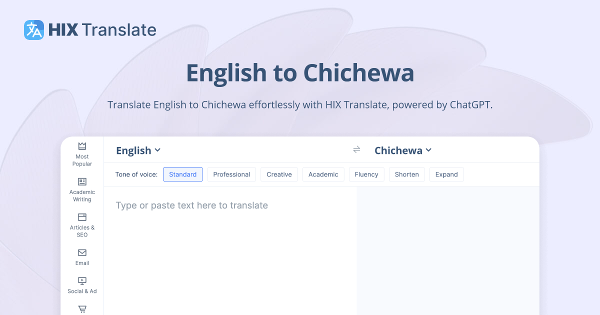 English to Chichewa Translation (FREE & No Signup) | HIX Translate