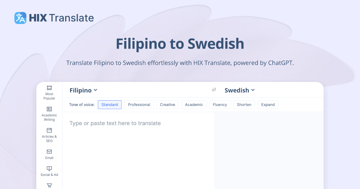 Filipino to Swedish Translation (FREE & No Signup) | HIX AI