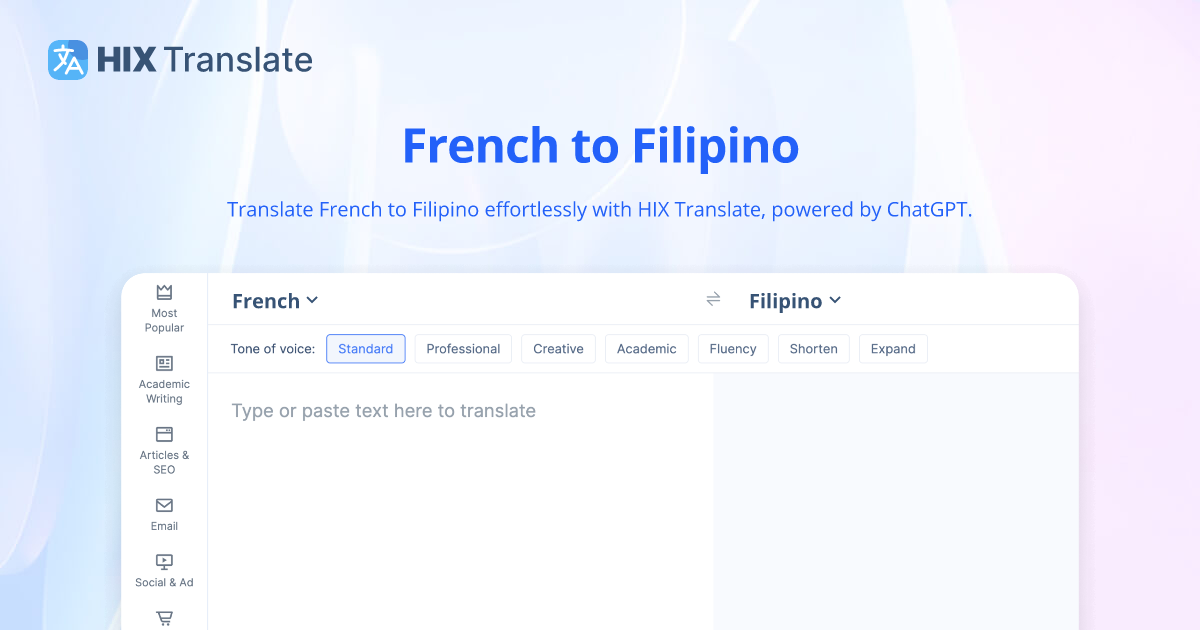 French to Filipino Translation (FREE & No Signup) | HIX AI