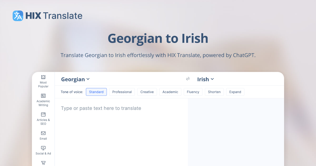 Georgian to Irish Translation (FREE & No Signup) | HIX AI