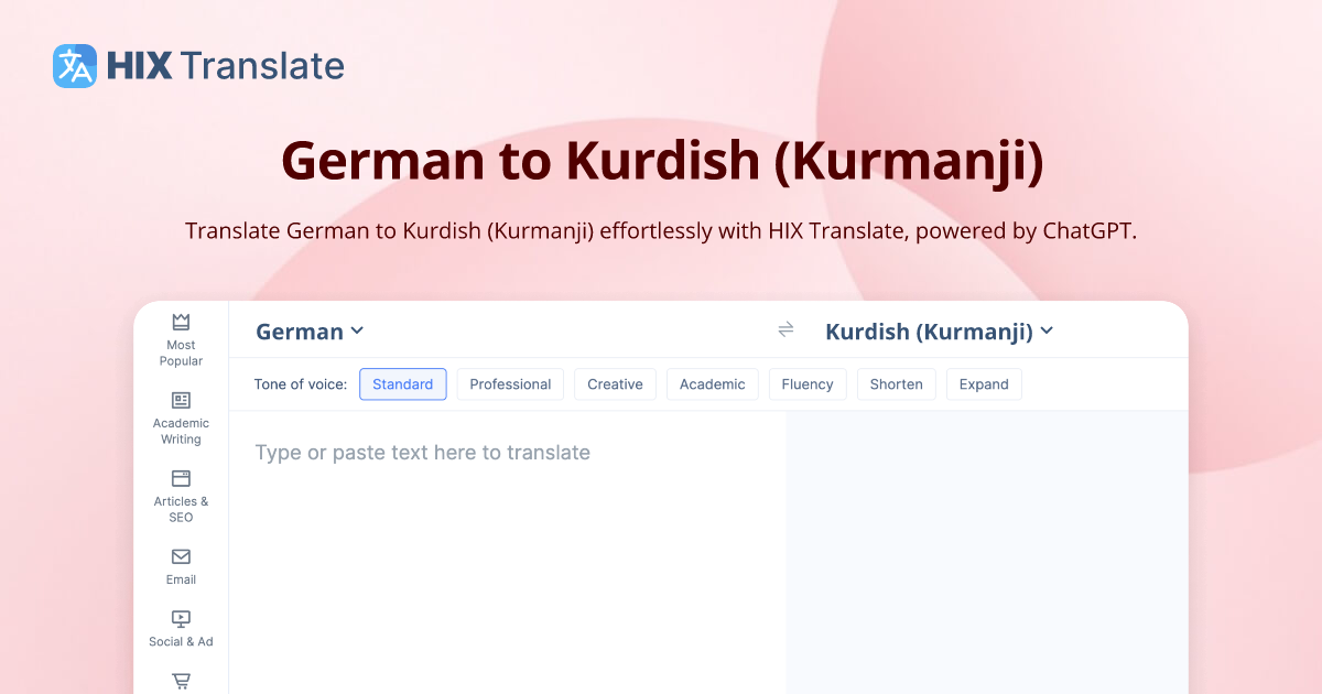 German to Kurdish (Kurmanji) Translation (FREE & No Signup) | HIX AI