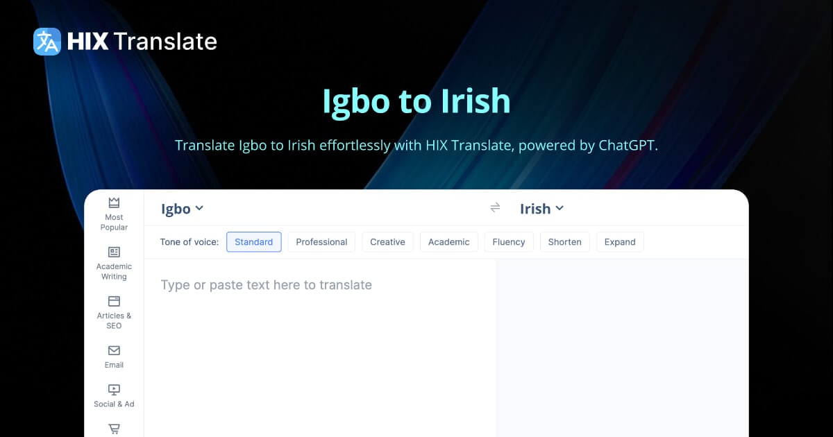 Igbo to Irish Translation (FREE & No Signup) | HIX AI