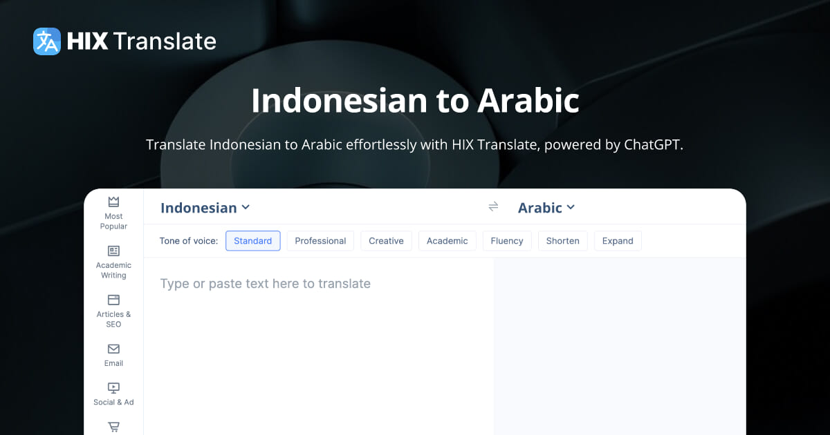 Indonesian to Arabic Translation (FREE & No Signup) | HIX AI