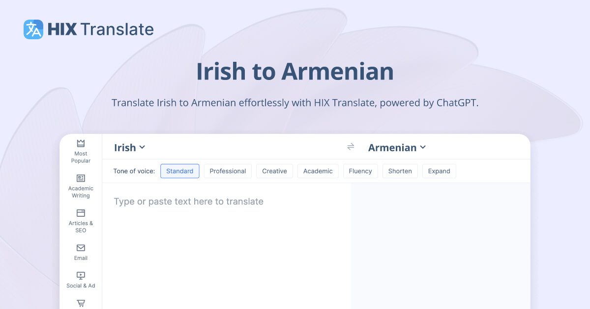 Irish to Armenian Translation (FREE & No Signup) | HIX AI