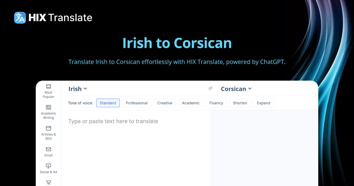 Irish to Corsican Translation (FREE & No Signup) | HIX Translate