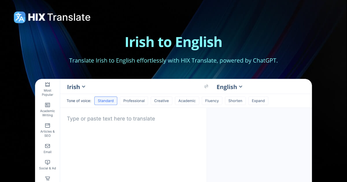 Irish to English Translation (FREE & No Signup) | HIX AI