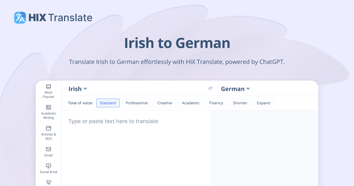 Irish to German Translation (FREE & No Signup) | HIX AI