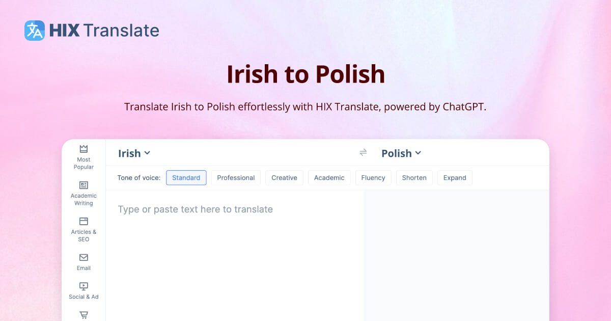 Irish to Polish Translation (FREE & No Signup) | HIX AI