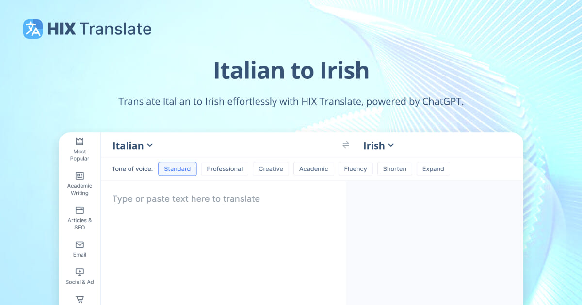Italian to Irish Translation (FREE & No Signup) | HIX AI