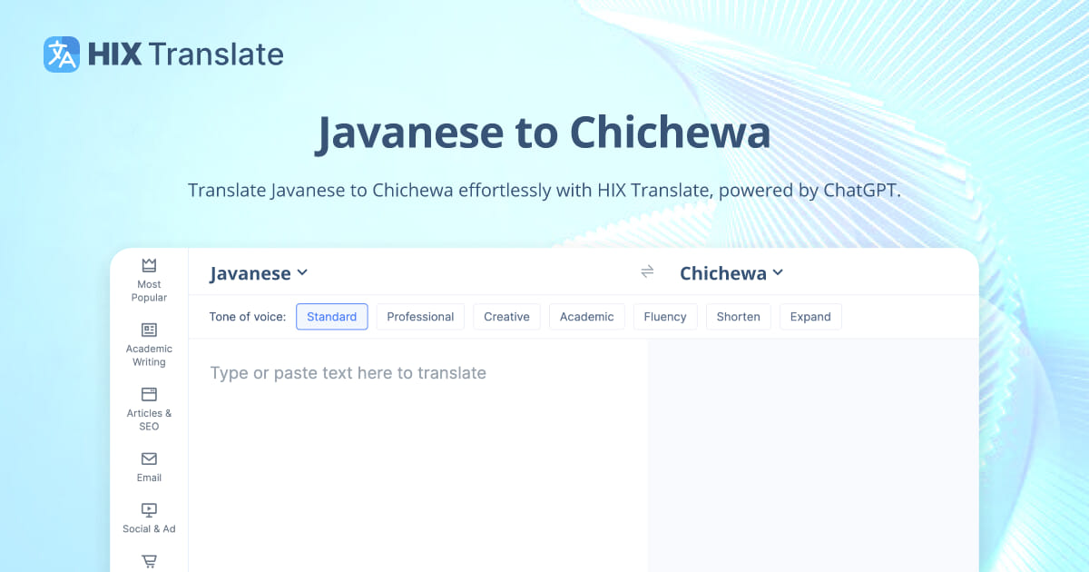Javanese to Chichewa Translation (FREE & No Signup) | HIX Translate