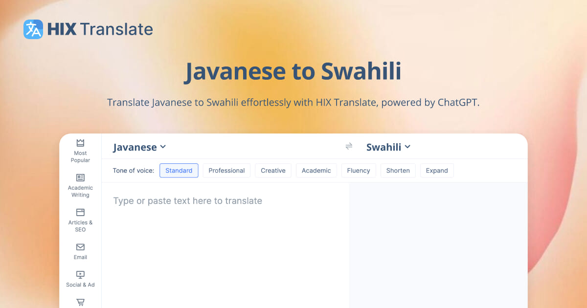 Javanese to Swahili Translation (FREE & No Signup) | HIX Translate