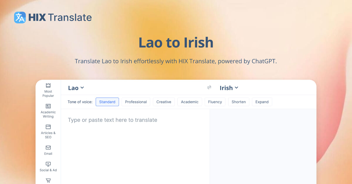 Lao to Irish Translation (FREE & No Signup) | HIX AI