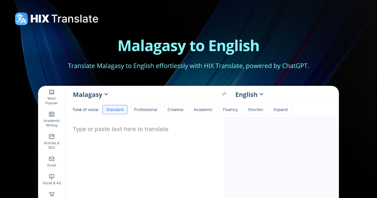 Malagasy to English Translation (FREE & No Signup) | HIX AI