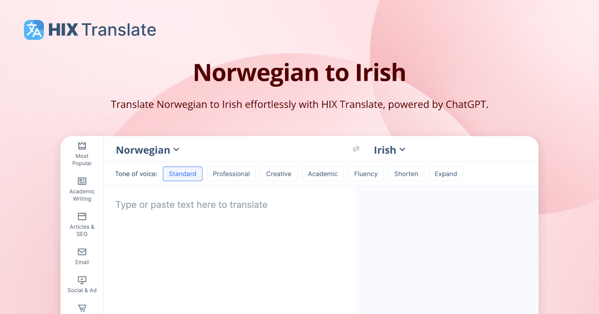 Norwegian to Irish Translation (FREE & No Signup) | HIX Translate
