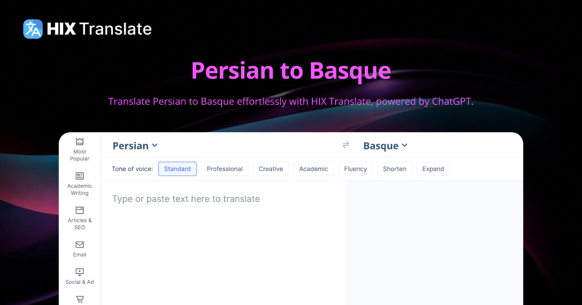 Persian to Basque Translation (FREE & No Signup) | HIX AI