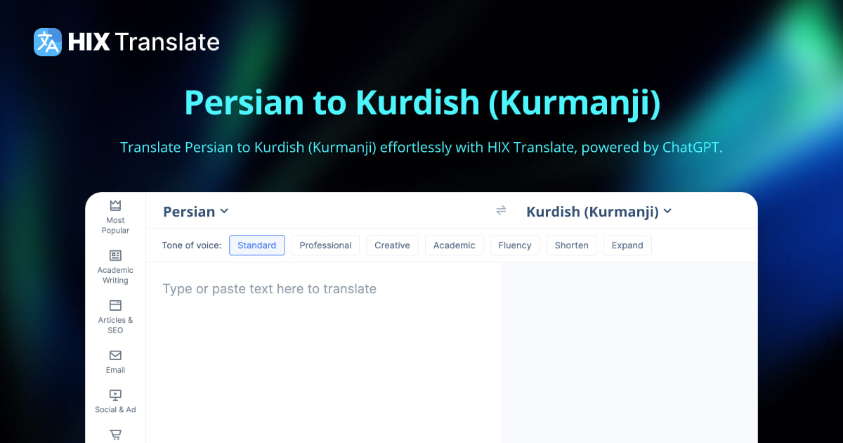 Persian to Kurdish (Kurmanji) Translation (FREE & No Signup) | HIX AI