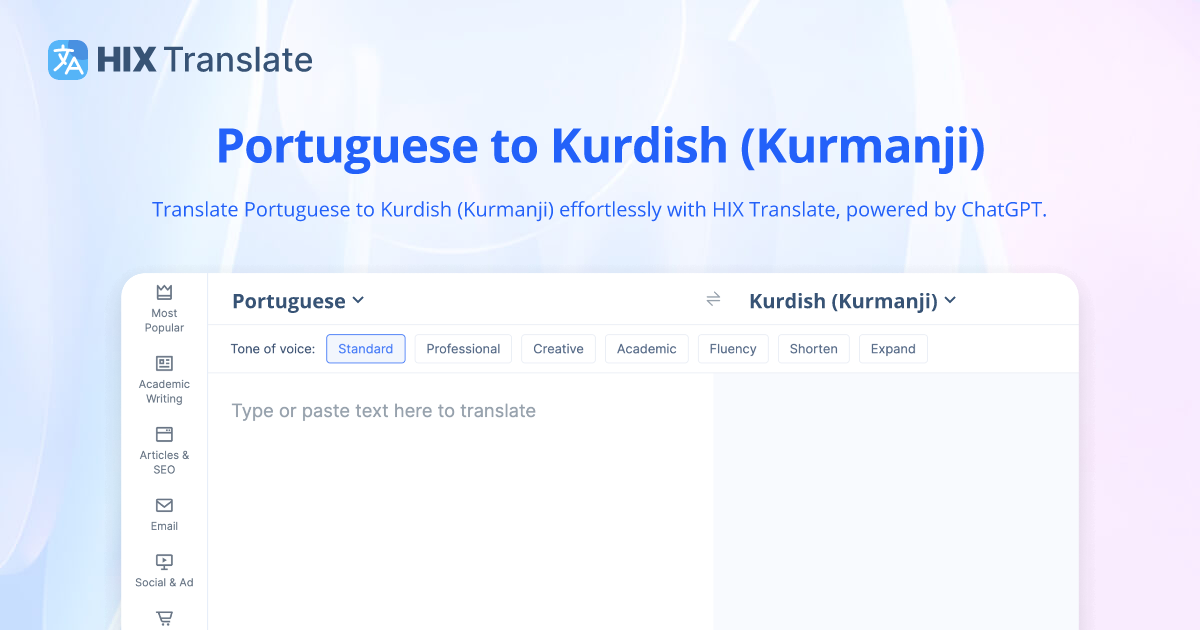 Portuguese to Kurdish (Kurmanji) Translation (FREE & No Signup) | HIX Translate
