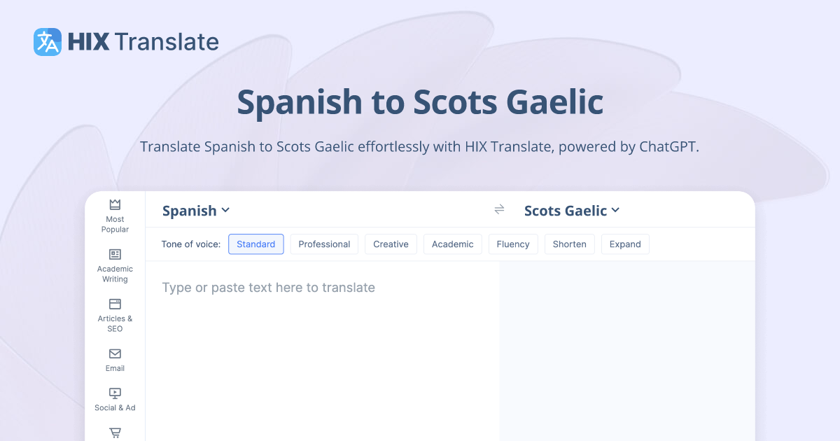 Spanish to Scots Gaelic Translation (FREE & No Signup) | HIX Translate