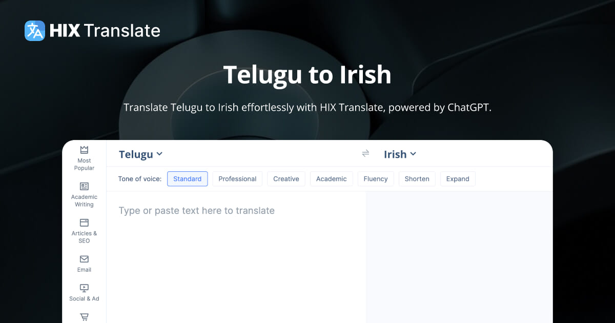 Telugu to Irish Translation (FREE & No Signup) | HIX AI