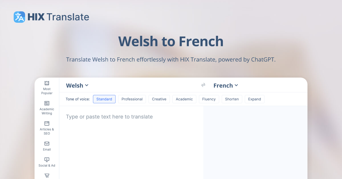 Welsh to French Translation (FREE & No Signup) | HIX Translate