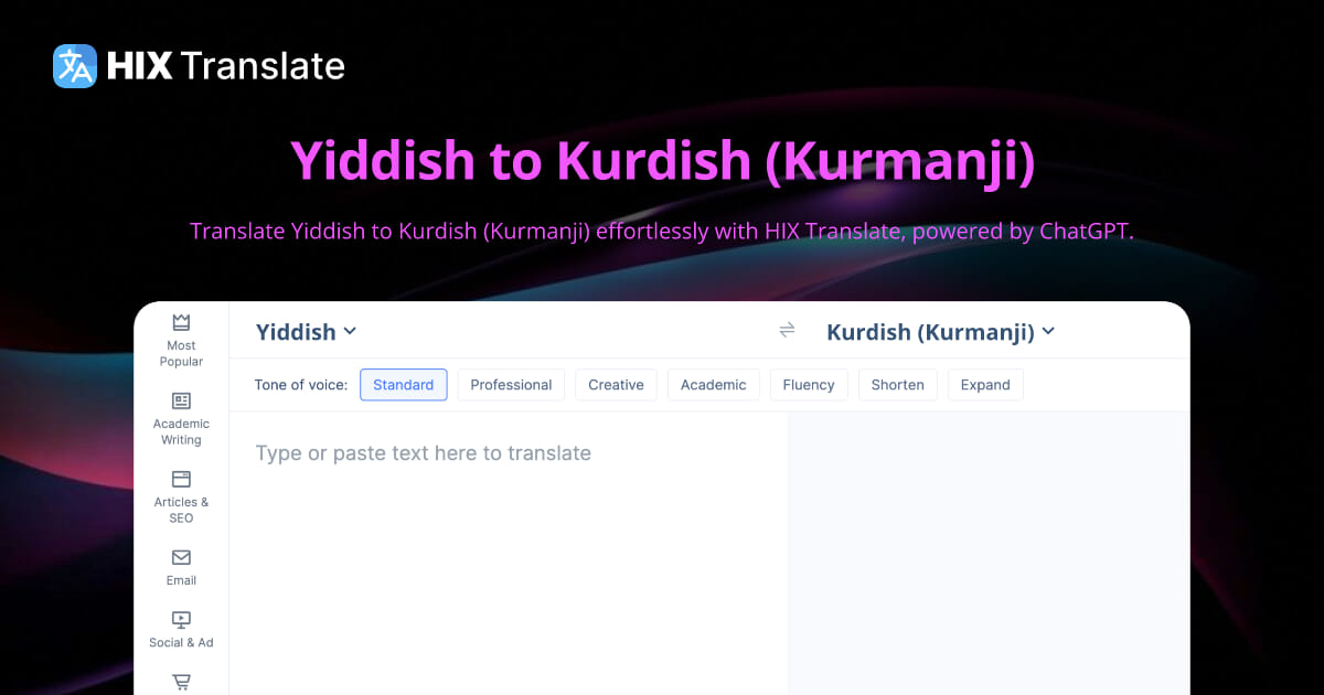 Yiddish to Kurdish (Kurmanji) Translation (FREE & No Signup) | HIX AI