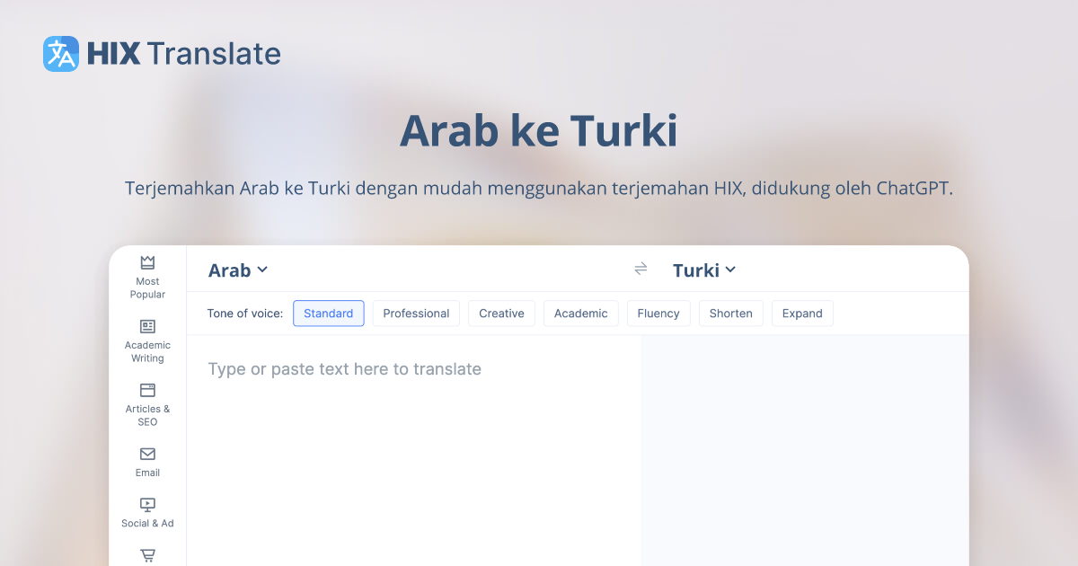 Terjemahan Arab ke Turki (GRATIS & Tanpa Registrasi) | HIX AI