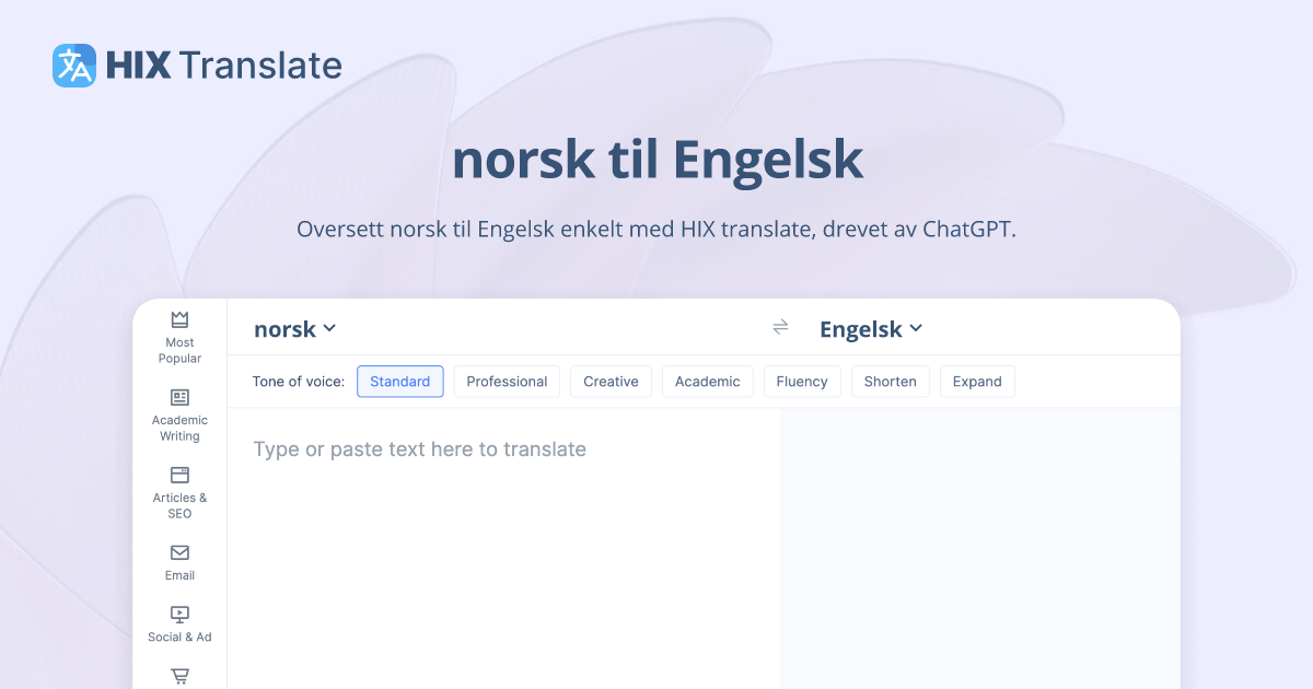 Oversettelse fra norsk til Engelsk (GRATIS og uten registrering) | HIX AI